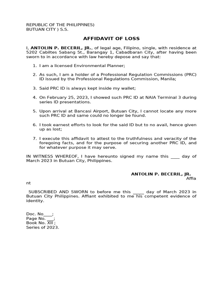Affidavit of Loss PRC ID Beceril | PDF