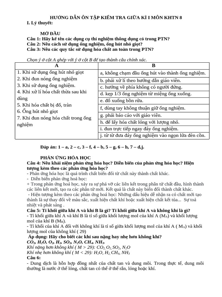 Đáp án đề cương GK I KHTN 8 | PDF