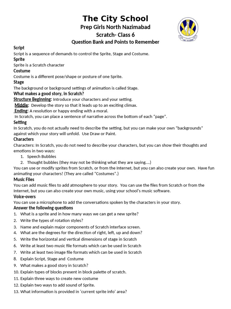 Class 6 Scratch Question Bank | PDF