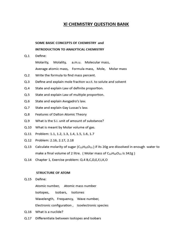 Question Bank XL Chem (65Q) | PDF | Mole (Unit) | Science & Mathematics