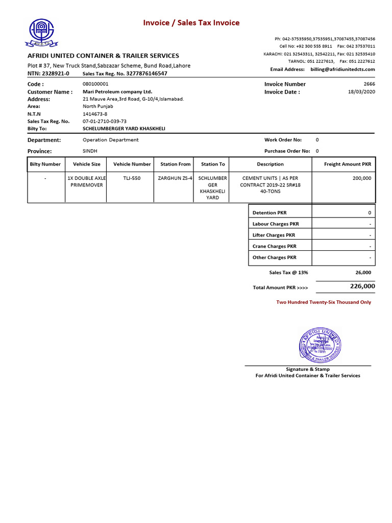 Invoice / Sales Tax Invoice: Afridi United Container & Trailer Services ...