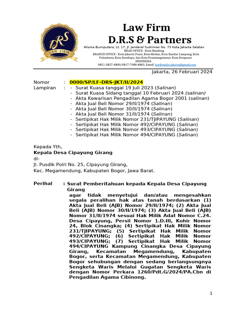 Surat Pemberitahuan Desa Cipayung Girang | PDF