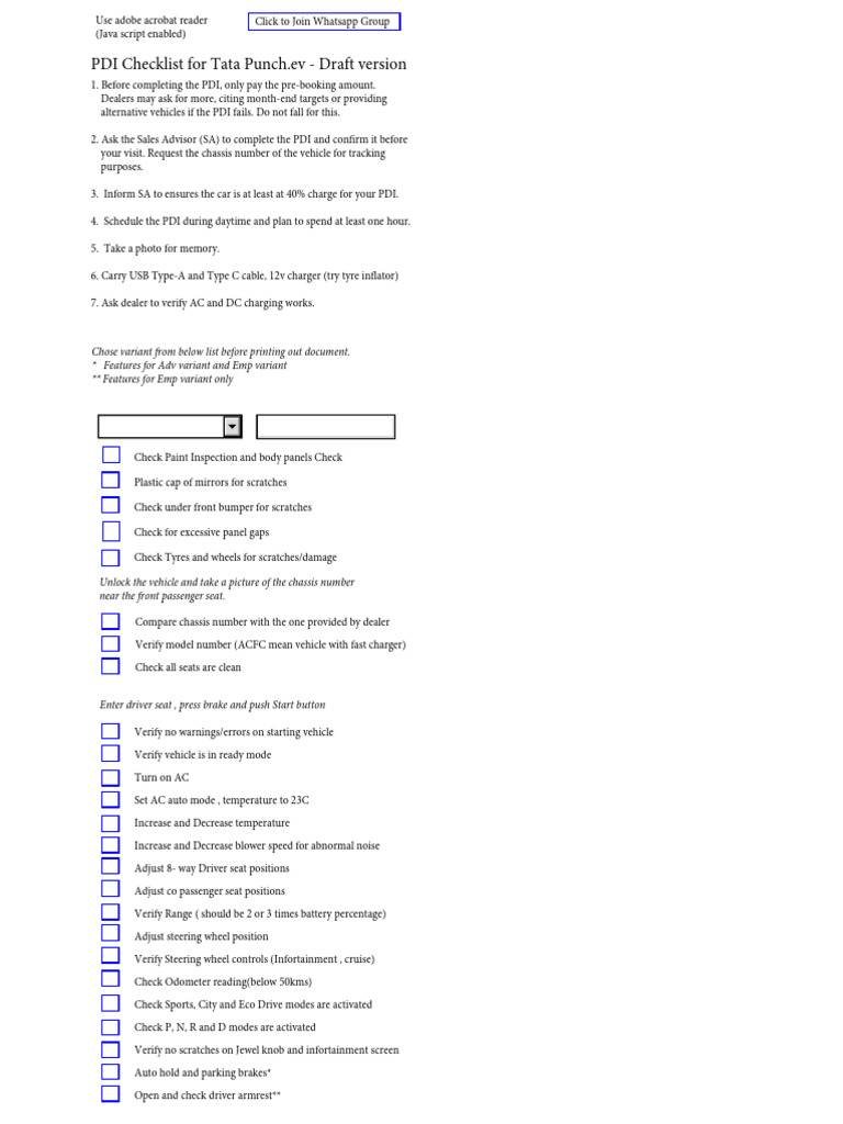 PDI Checklist Punch Draft Version - Ev | PDF
