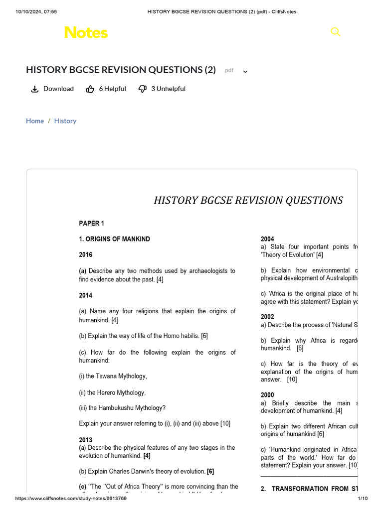 HISTORY BGCSE REVISION QUESTIONS (2) (PDF) - CliffsNotes | PDF