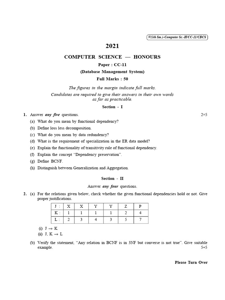 CU-2021 B.sc. (Honours) Computer Science Semester-5 Paper-CC-11 QP | PDF