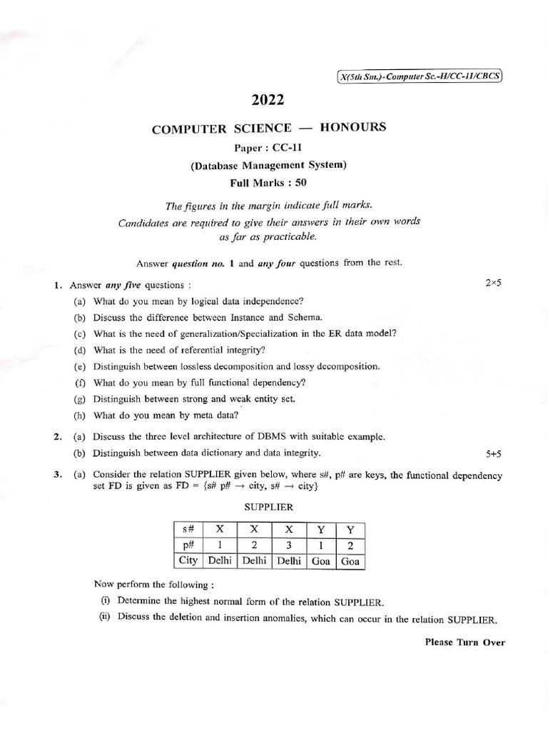 CU-2022 B.Sc. (Honours) Computer Science Semester-5 Paper-CC-11 QP | PDF