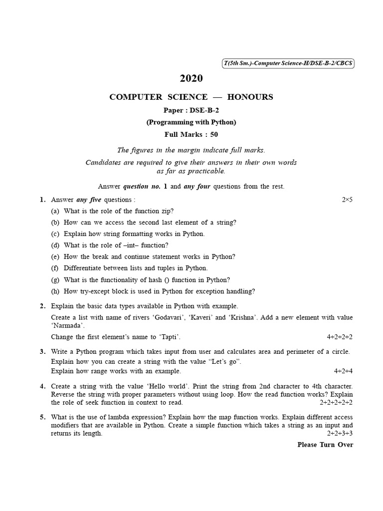 CU-2020 B.Sc. (Honours) Computer Science Semester-V Paper-DSE-B-2 QP | PDF