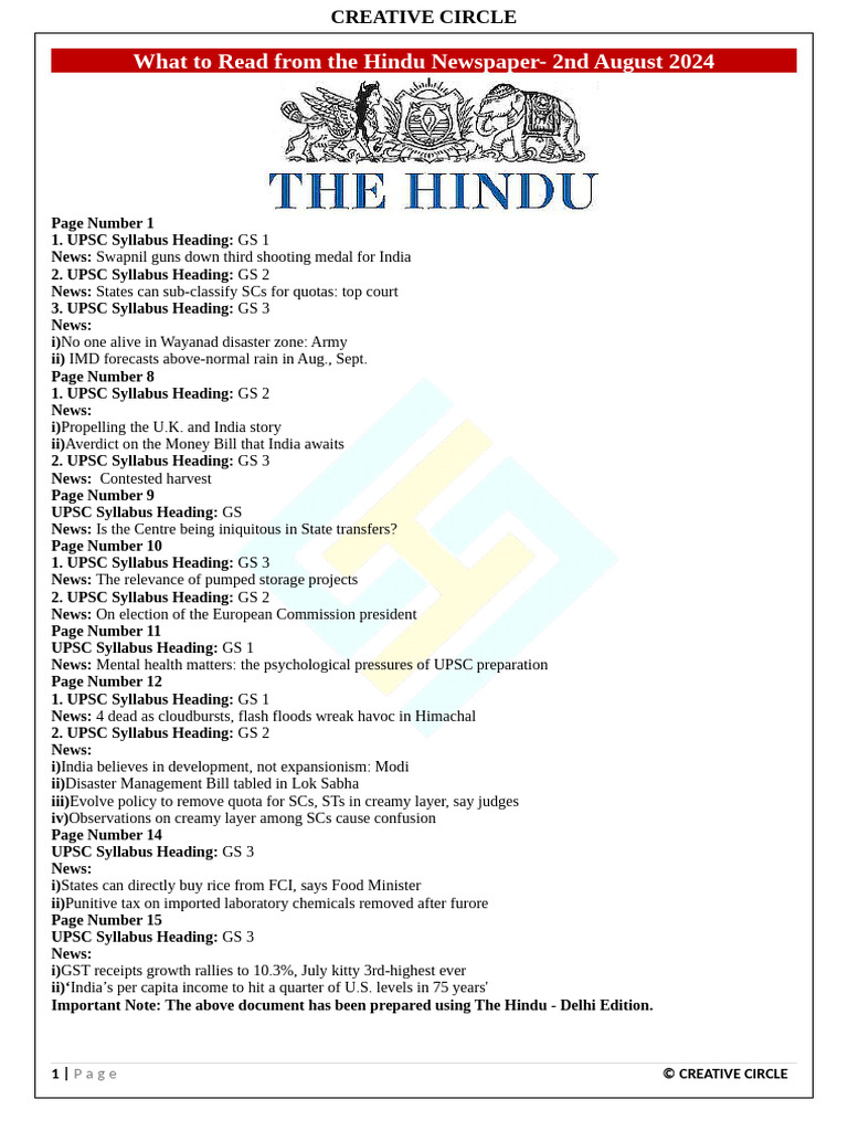 2ND AUGUST 24 What To Read From The Hindu Newspaper | PDF