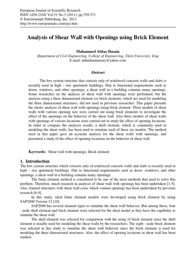 Analysis of Shear Wall With Openings Using Brick Element, 2011 | PDF