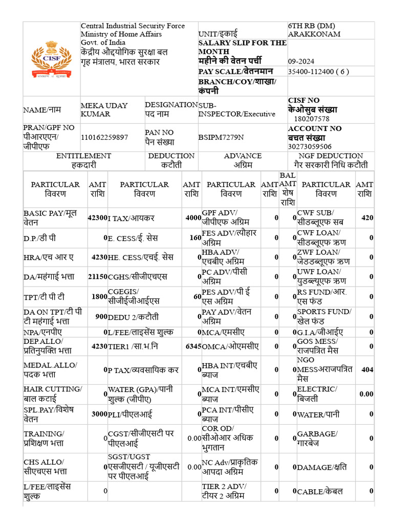 Salary Slip For The Month Pay Scale/ Branch/Coy/ / Cisf No | PDF