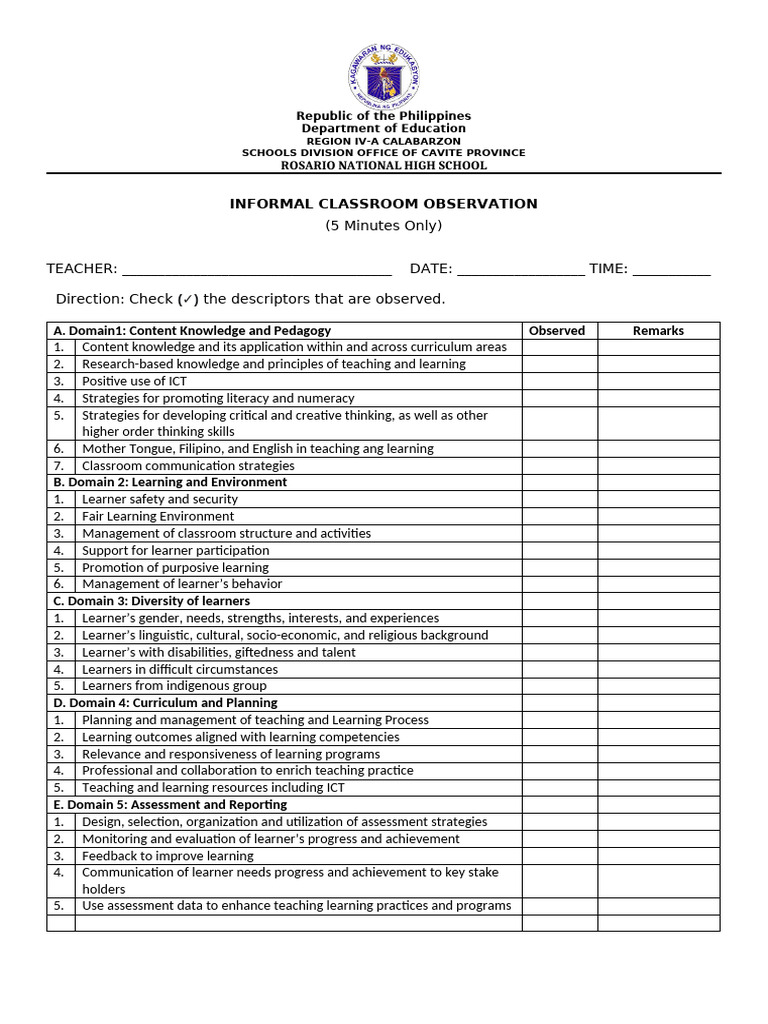 Walkthrough Observation Form Pdf