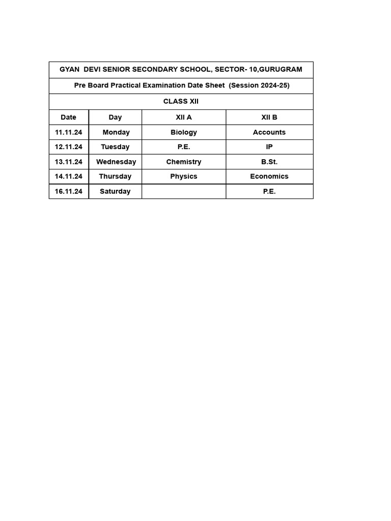 Pre Board Practical Examination Date Sheet Class XII (Session 24-25) | PDF