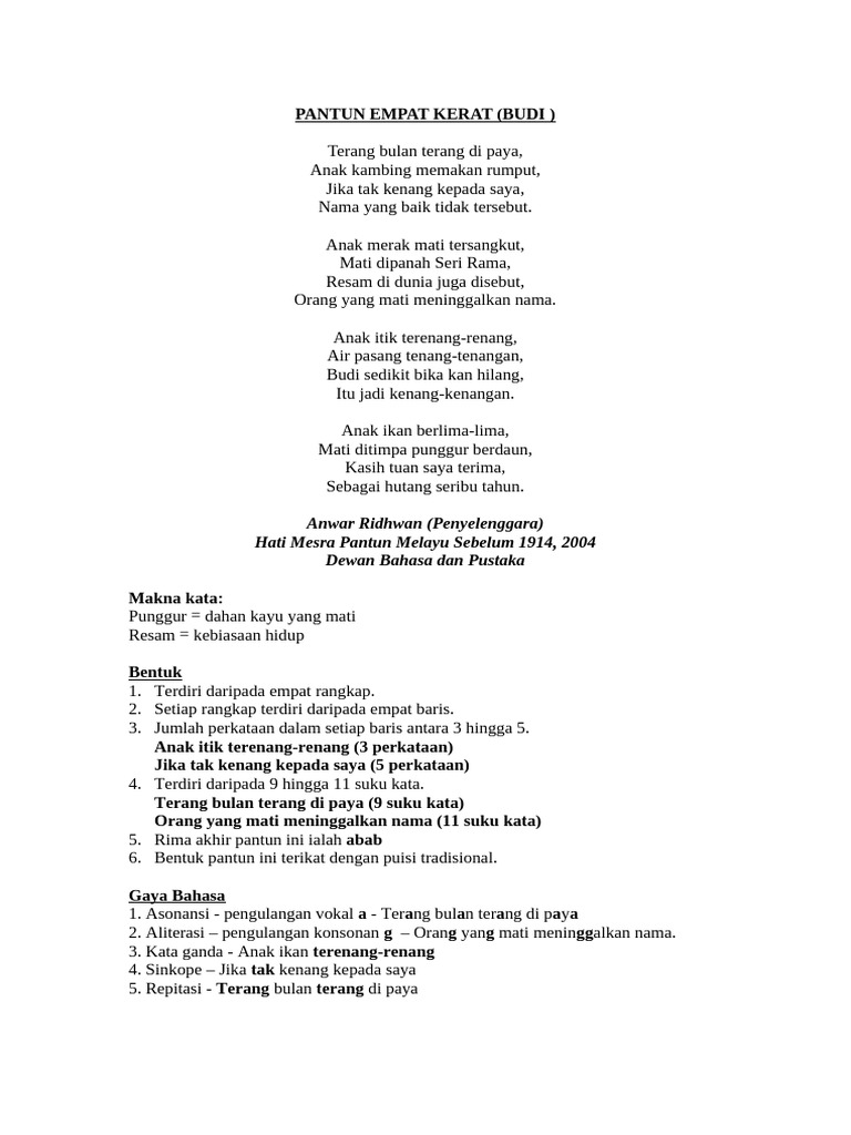 PANTUN EMPAT KERAT BUDI | PDF