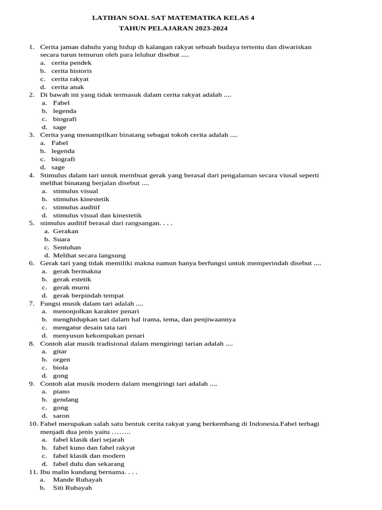 Latihan Soal Seni Tari Kelas 4 Genap 2324 | PDF