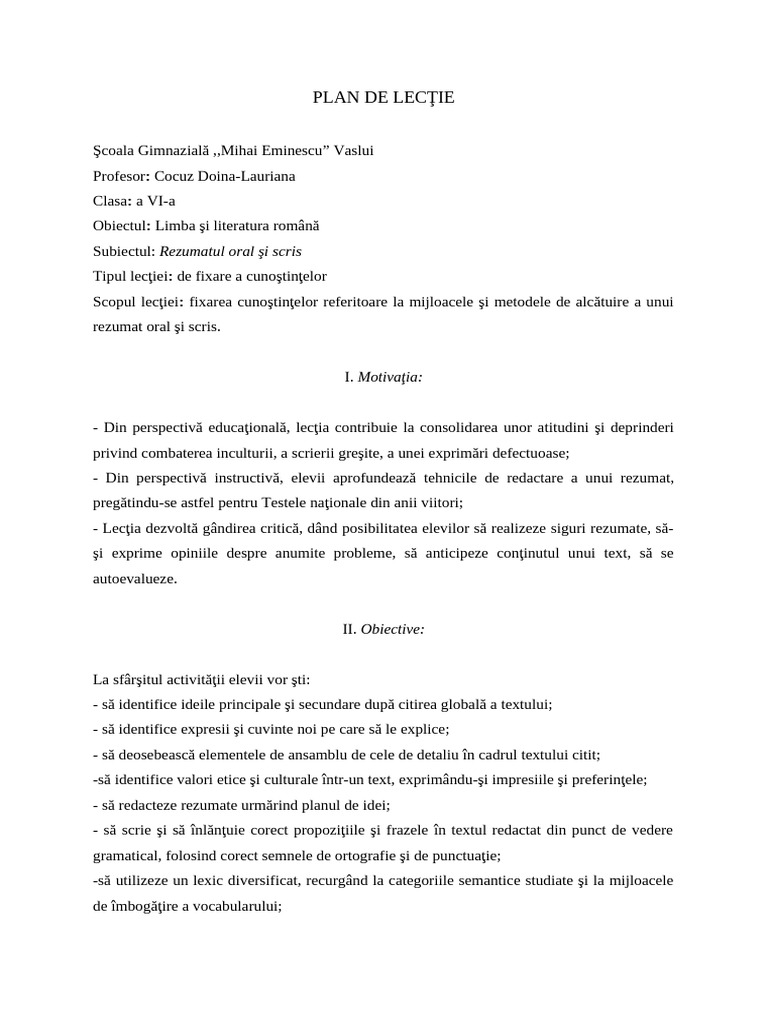 Plan de Lectie Clasa A Via Rezumatul Scris Si Oral | PDF