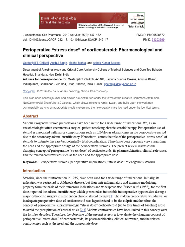 Perioperative Stress Dose of Corticosteroid Pharmacological and ...