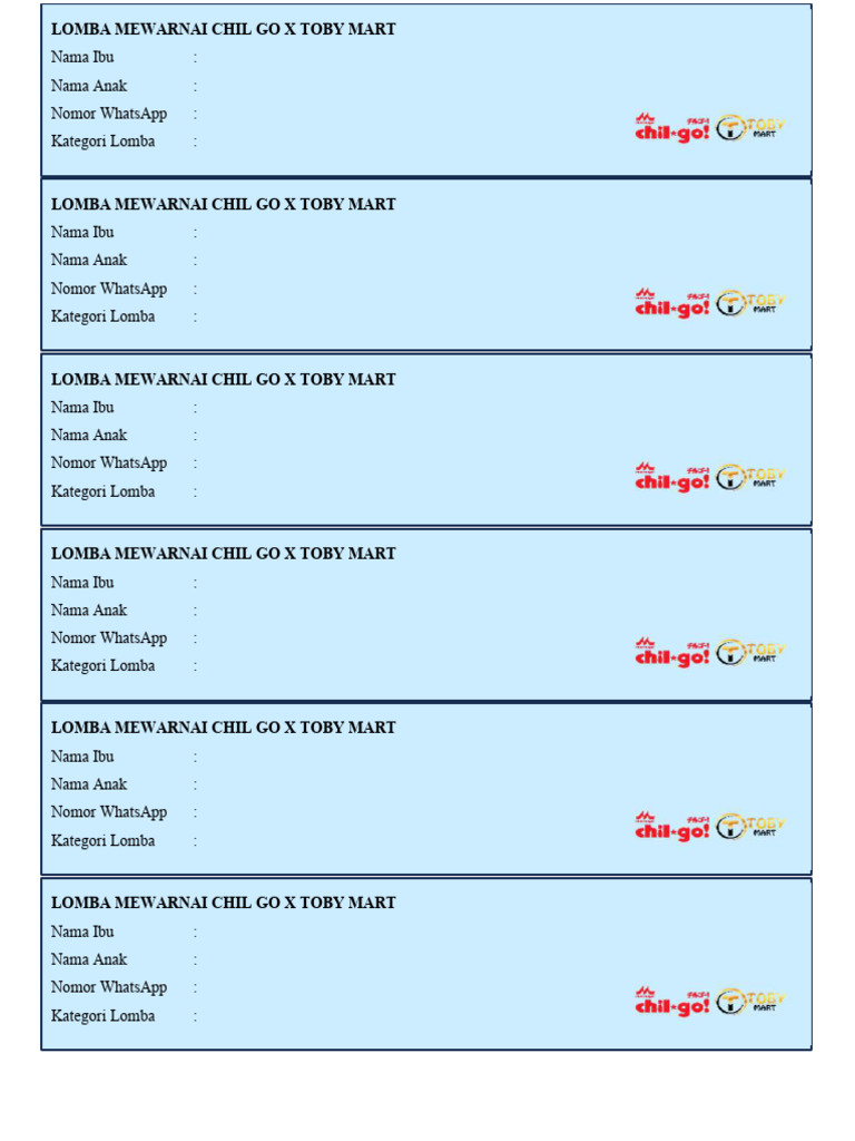 Kertas Pendaftaran Lomba Mewarnai Chil Go X Toby Mart 1 | PDF