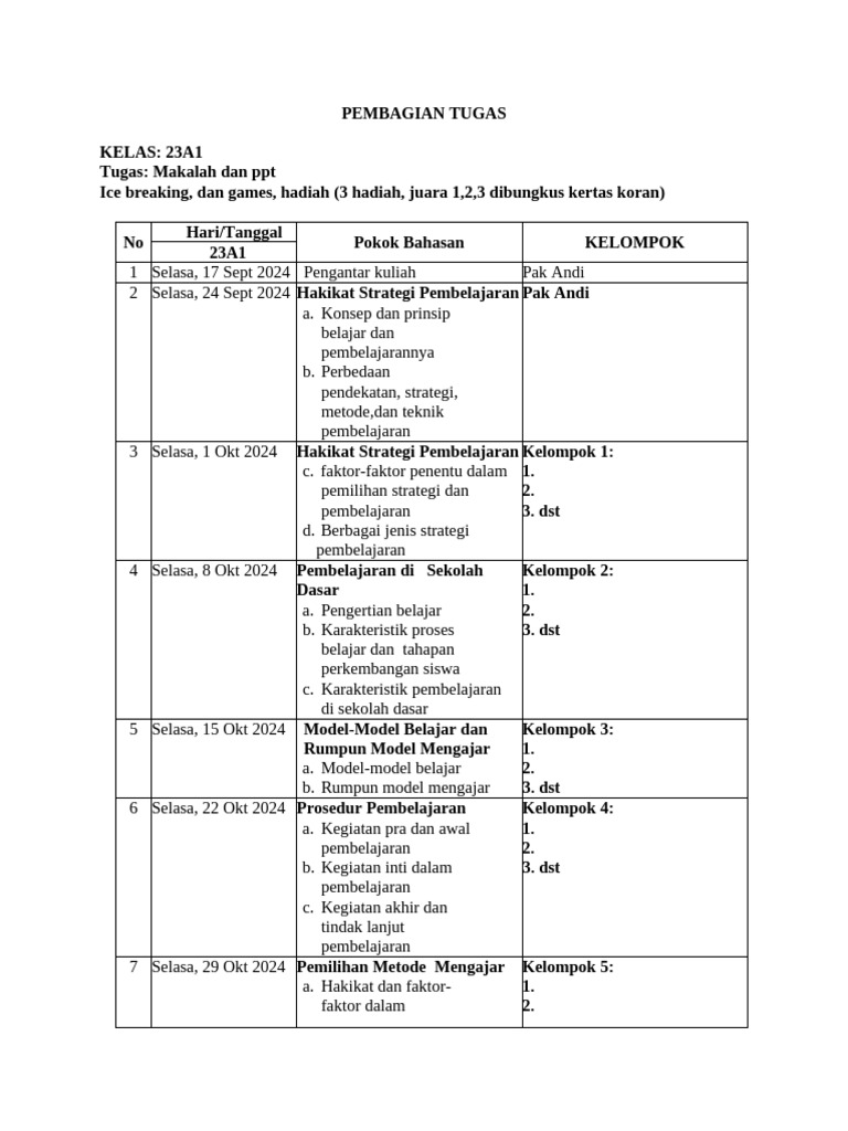 Pembagian Tugas Kelas 23a1 | PDF