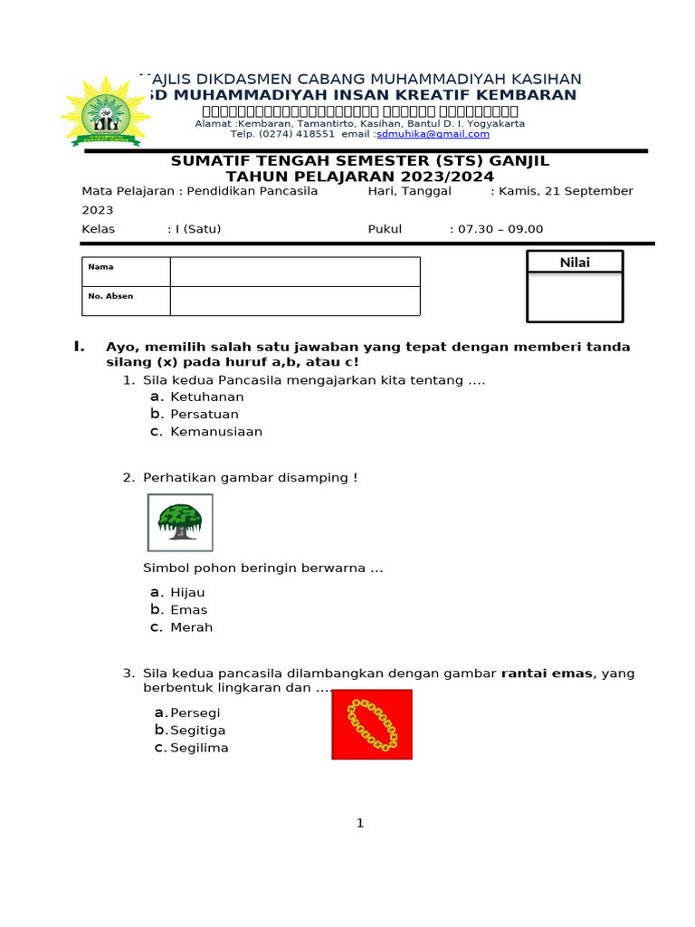 SOAL STS Pendidikan Pancasila Kelas 1 MUHIKA | PDF