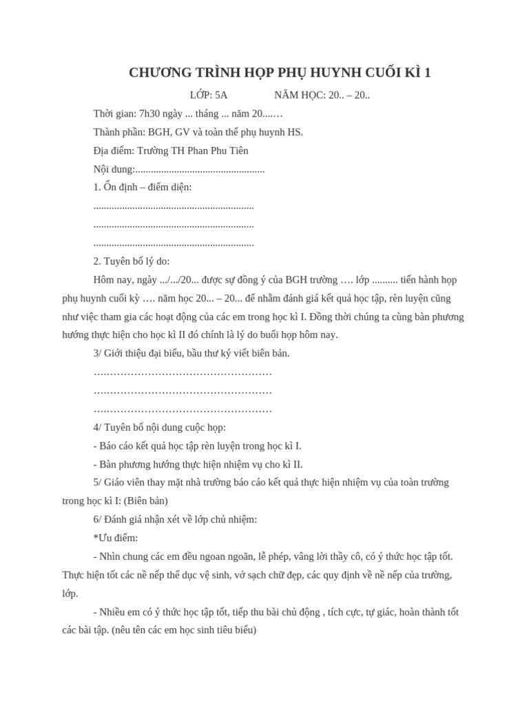 CHƯƠNG TRÌNH HỌP PHỤ HUYNH CUỐI KÌ 1 trúc | PDF