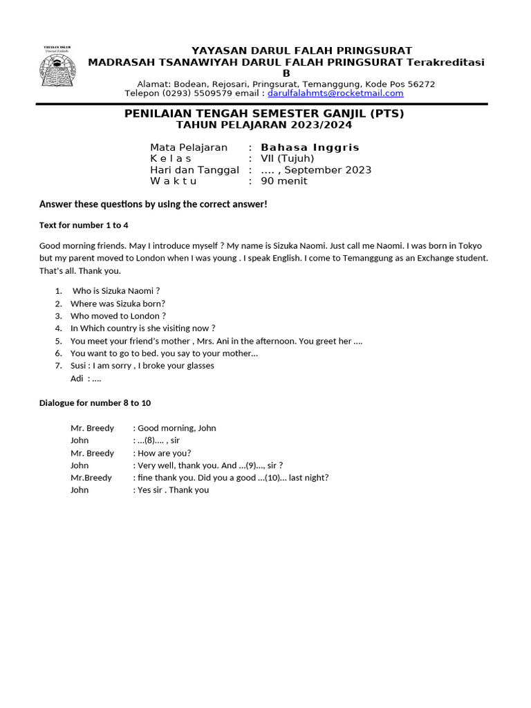 PTS BHS Inggris & SBK Klas 7 2023 | PDF