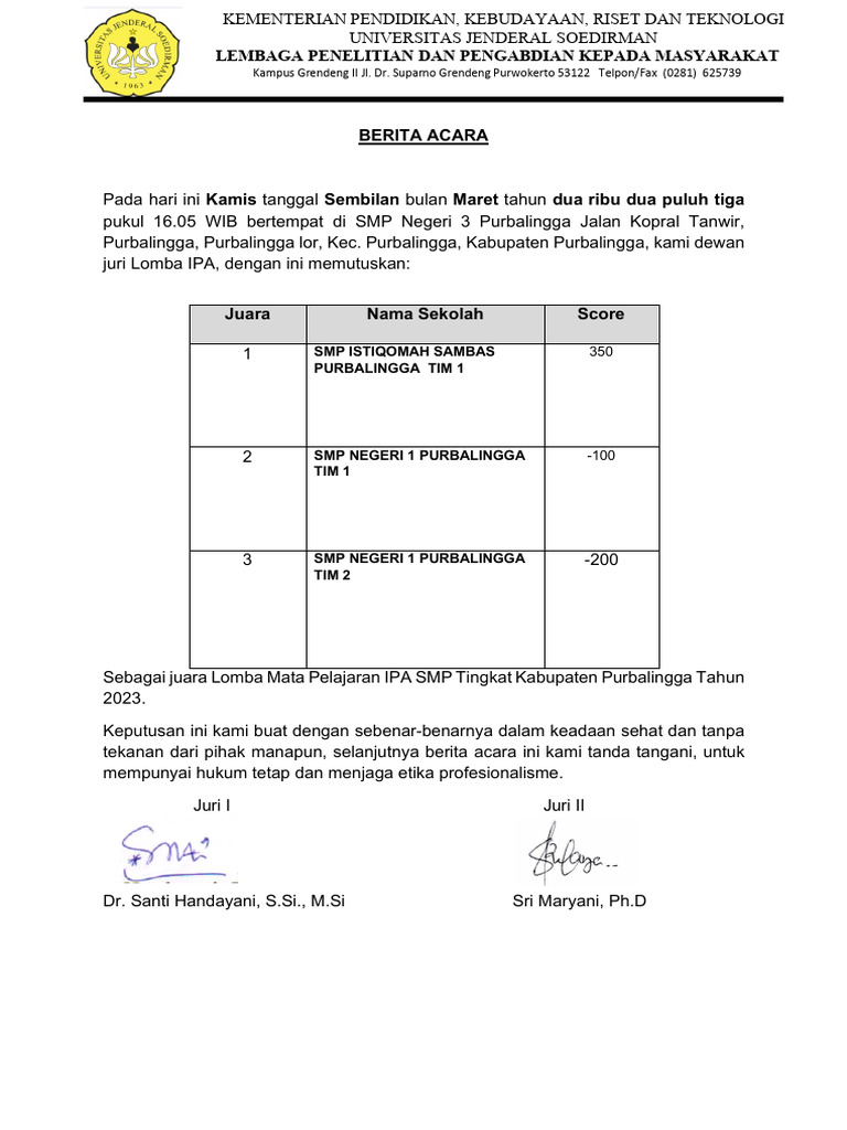 Berita Acara Pemenang Lomba IPA | PDF