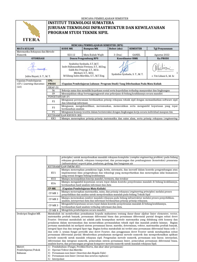 RPS Matematika Rekayasa Dan Metode Numerik 2022 | PDF