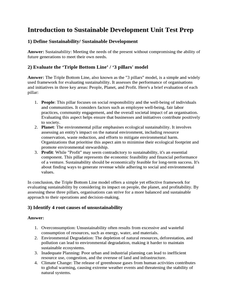 Introduction To Sustainable Development Unit Test Prep | PDF