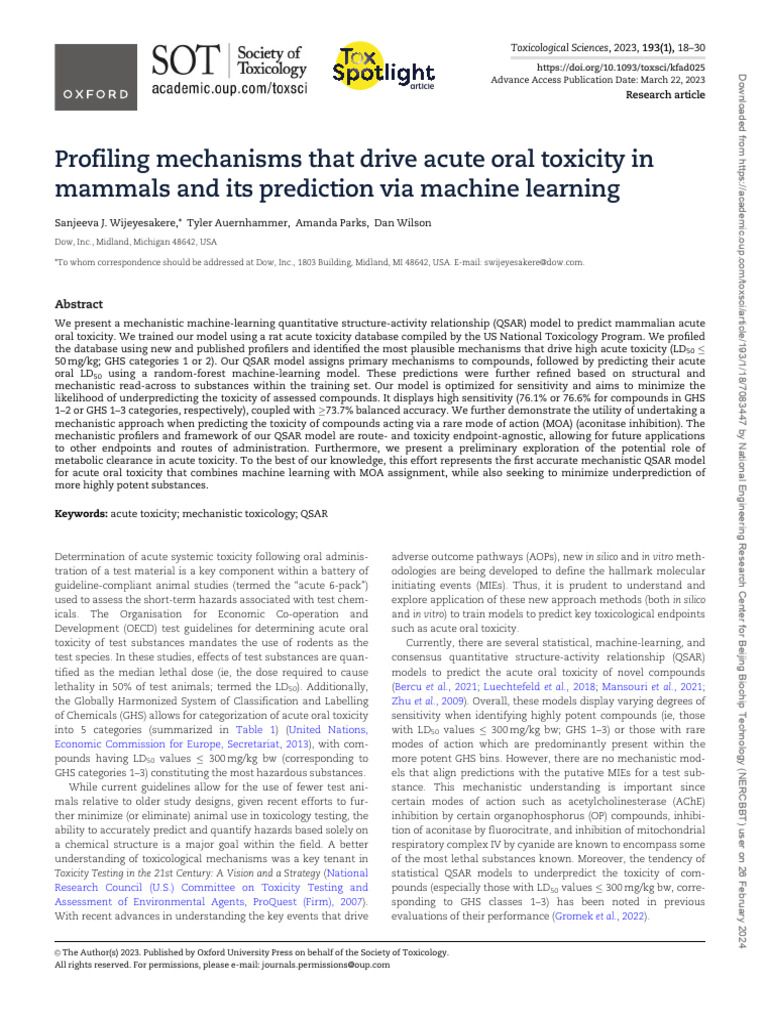 Profiling Mechanisms That Drive Acute Oral Toxicity in Mammals and Its Prediction Via Machine ...
