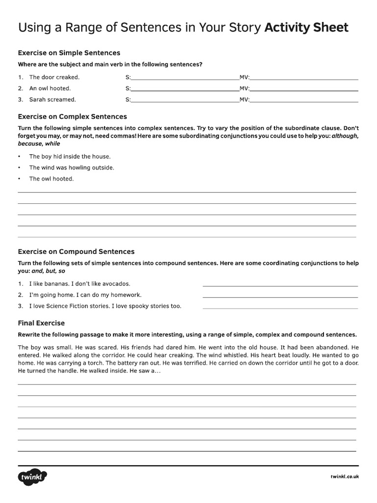 Using A Range of Sentences in Your Story Activity Sheet | PDF
