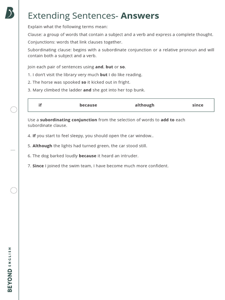 Extending Sentences Activity Sheet - Answers | PDF