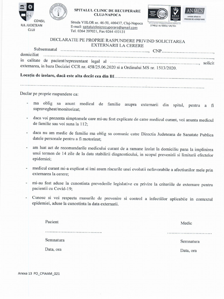 Anexa 13 - Declaratie Solicitare Externare La Cerere - Reactualizata | PDF