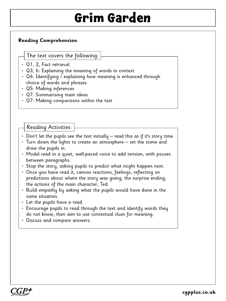 Grim Garden Reading Comprehension (Years 5-6) Black & White - E2WAC1531 ...