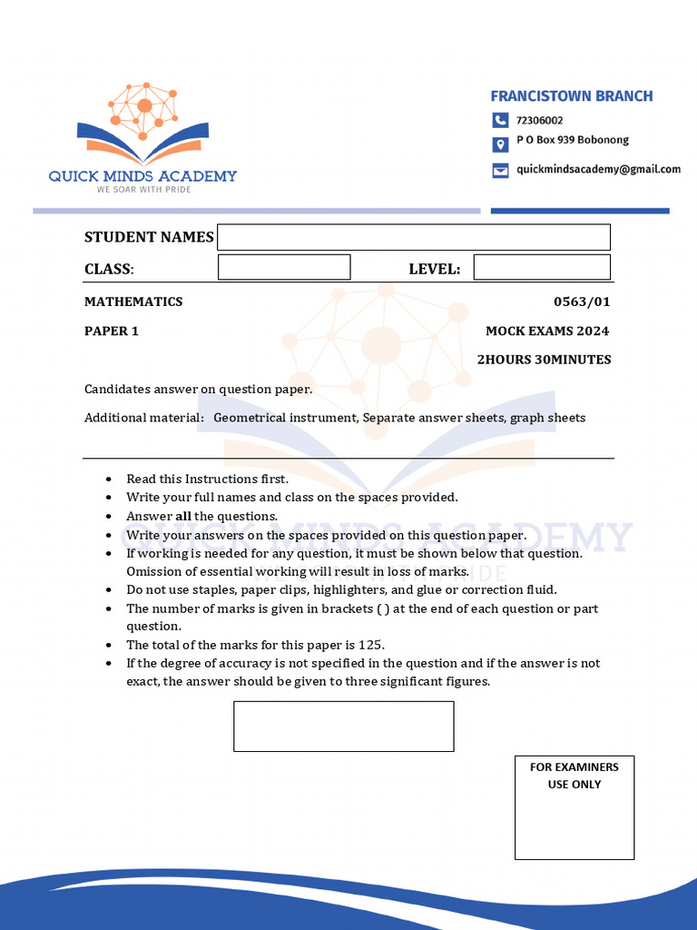 Mathematics Pp3 Mock Exam 2024 | PDF