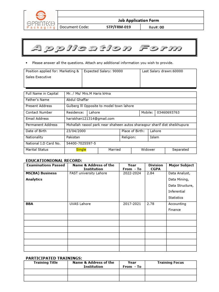 Job Application Form | PDF