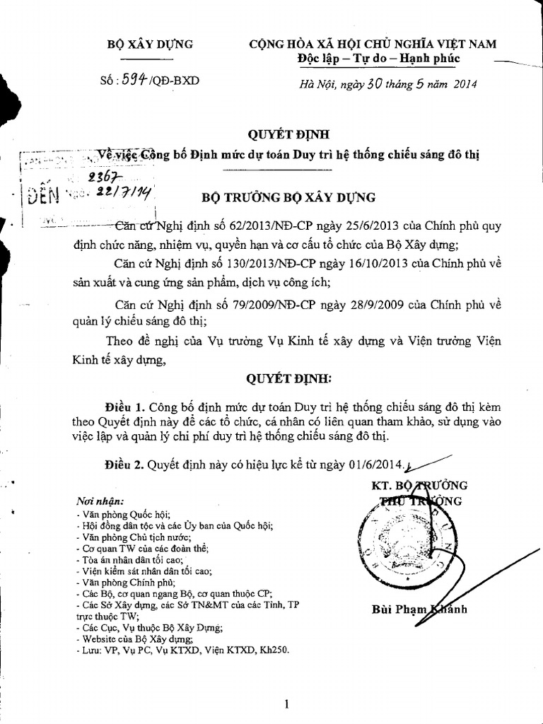594-QD-BXD - Cong Bo Dinh Muc Duy Tri He Thong Chieu Sang Do Thi | PDF