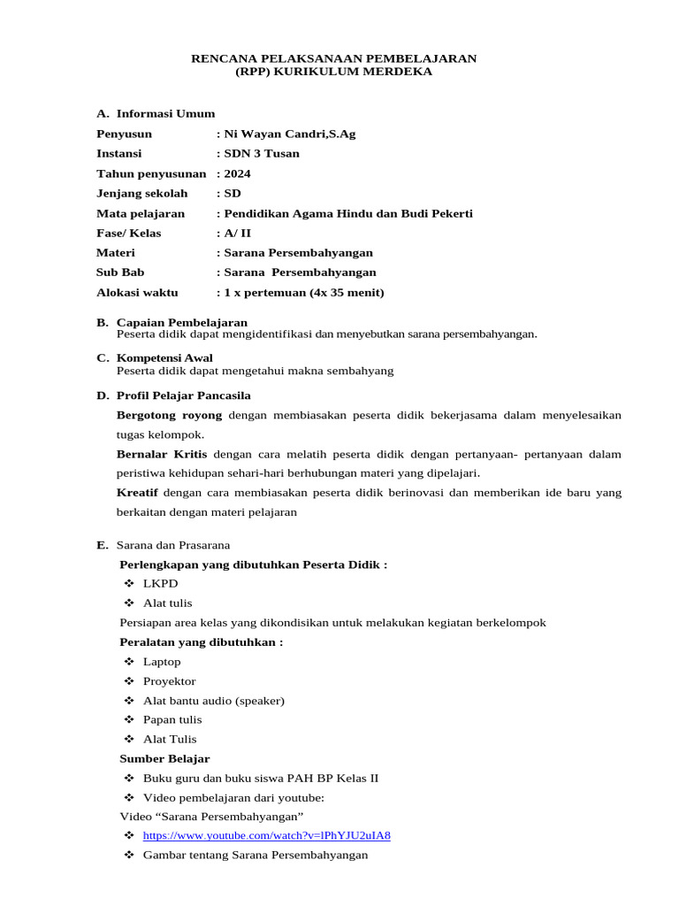 RPP Kelas II Kumer Sarana Persembahyangan | PDF