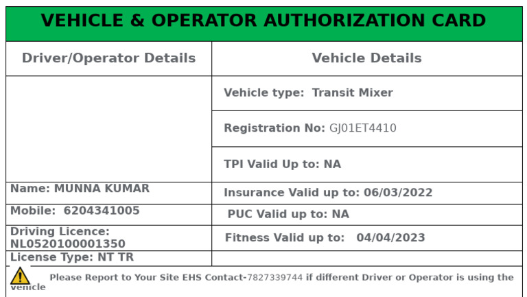 Vehicle & Operator Authorization Card | PDF