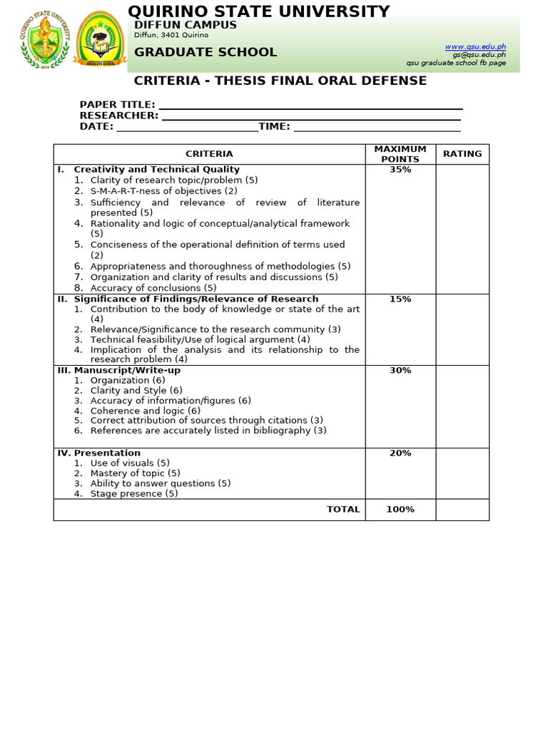 Final Oral Defense Evaluation Criteria | PDF