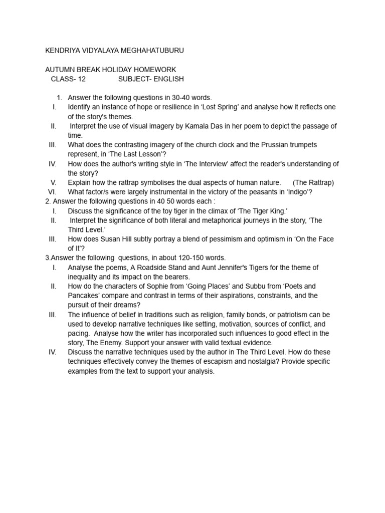 English Autumn Holiday Homework | PDF