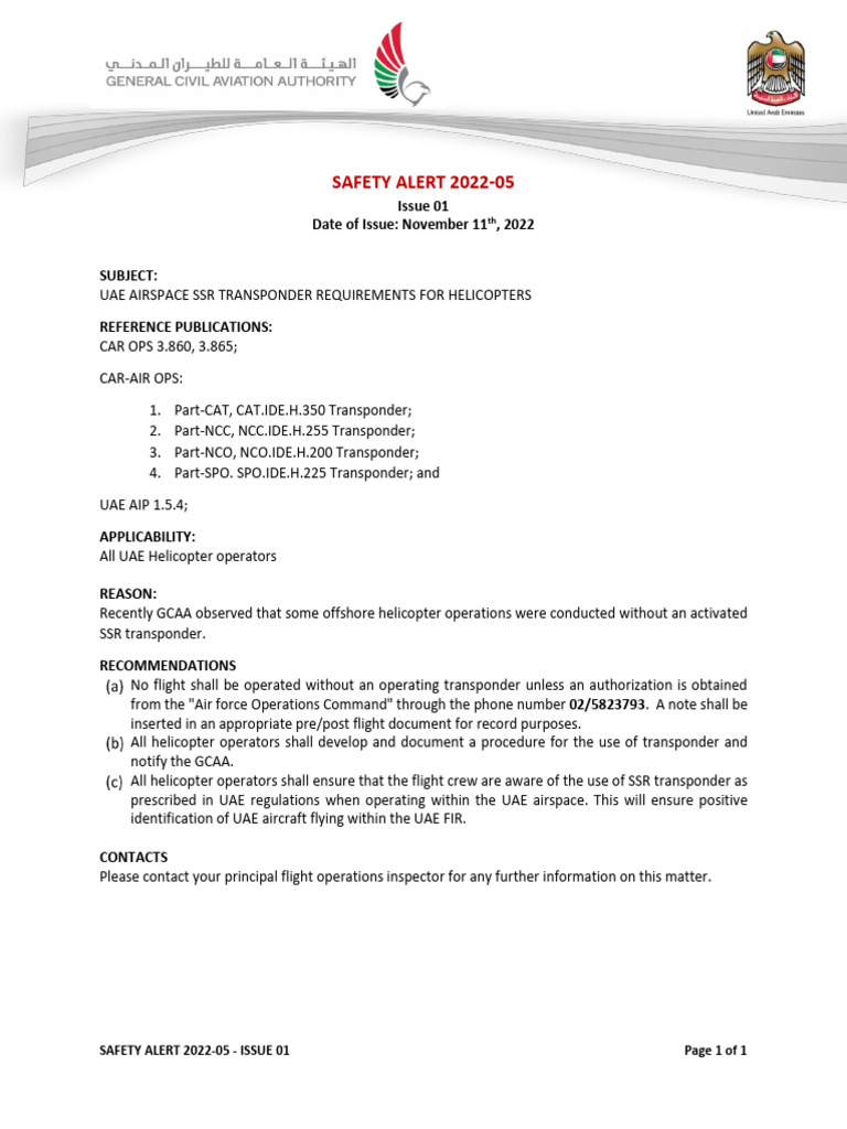 Safety Alert 2022-05 - Uae Airspace SSR Transponder Requirements For ...