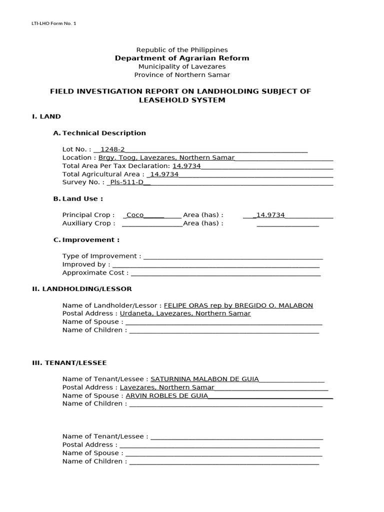 LTI-LHO Form No. 1 | PDF