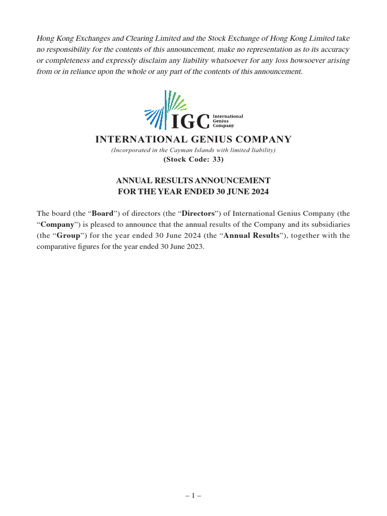 International Genius Company: Annual Results Announcement For The Year ...