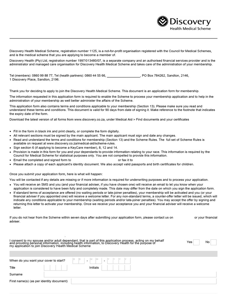 Applying To Become A Member of Discovery Health Medical Scheme | PDF