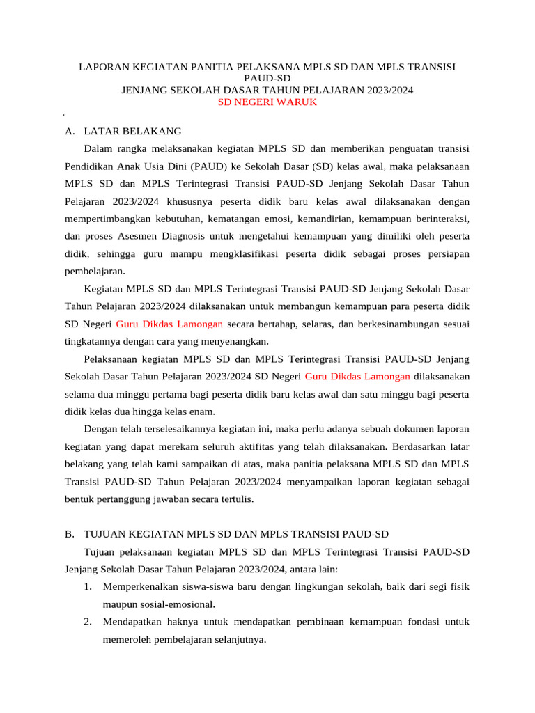 Laporan Kegiatan Panitia MPLS Transisi Paud | PDF