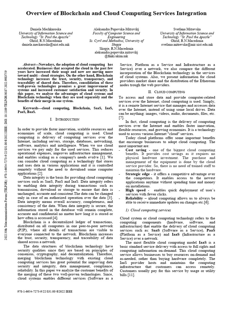 Overview of Blockchain and Cloud Computing Services Integration | PDF