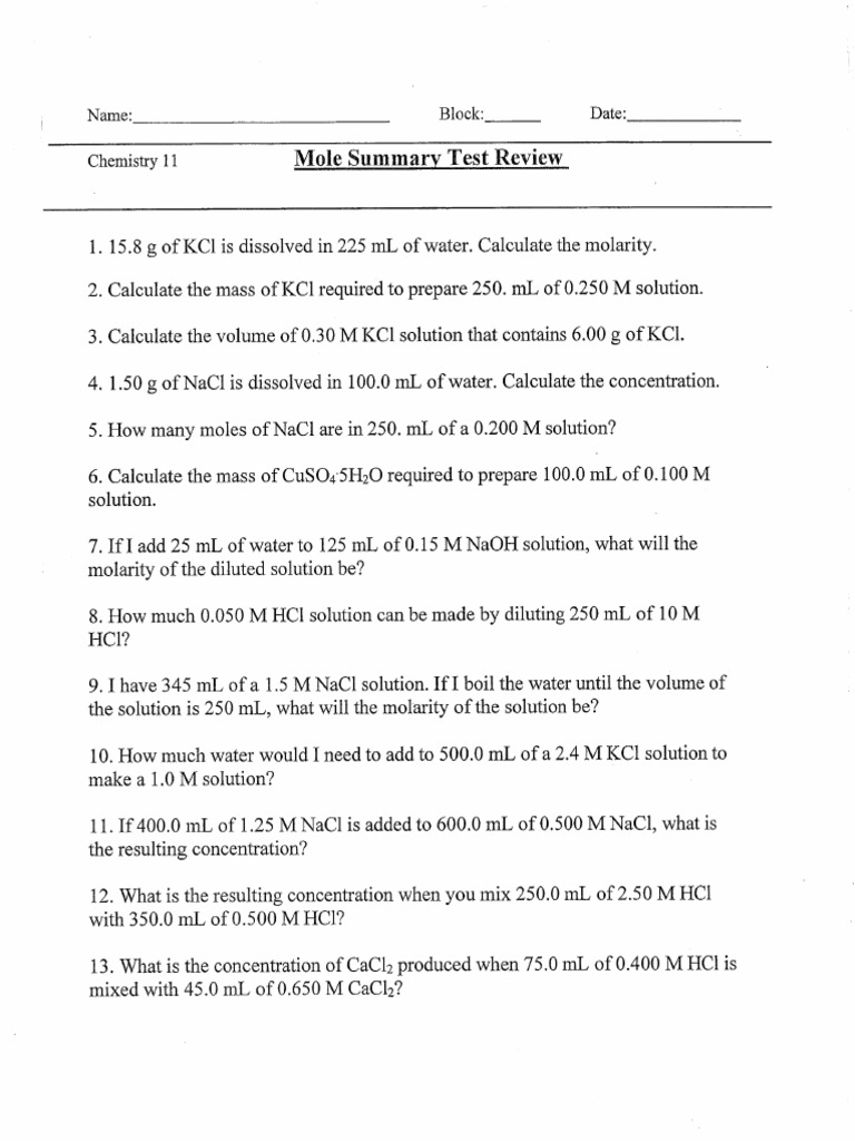Mole Summary Review WS4 | PDF