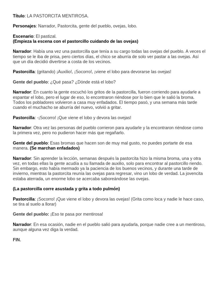 El Pastorcito Mentiroso Obra de Teatro | PDF
