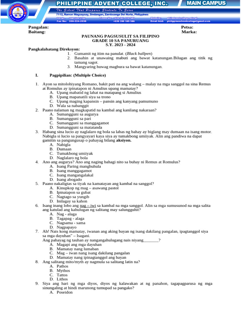 First Quarter Exam Sa Filipino 10 | PDF