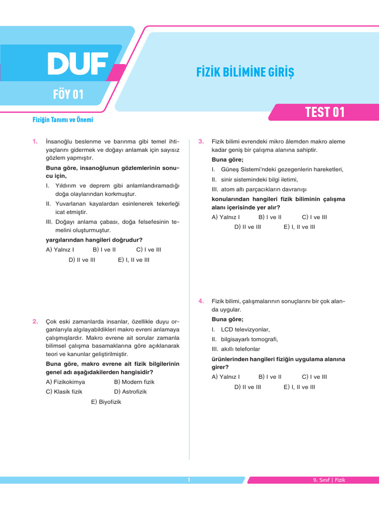 9.sınıf Fi̇zi̇k - Duf - Föy 1 - Ornek | PDF